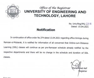Notification Regarding Schedule and Duration of ODL classes – IB&M LHR